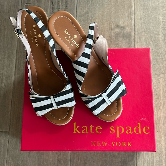 kate spade | Shoes | Kate Spade Black And White Striped Bow Wedge With ...